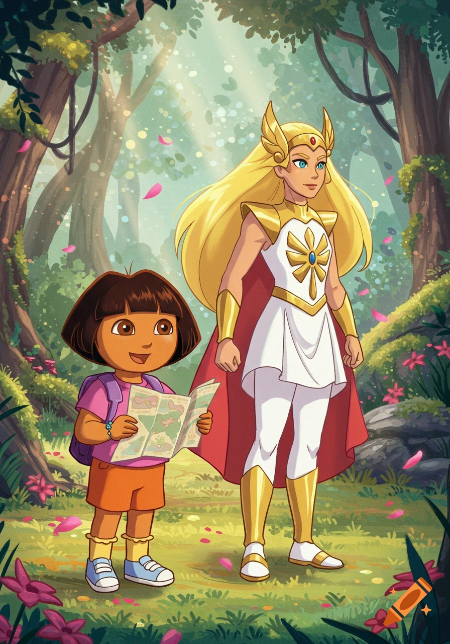 Dora the Explorer holds a map, standing next to She-Ra in a vibrant ...