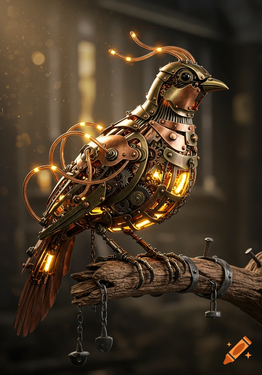 A highly detailed steampunk clockwork bird made of polished copper and ...