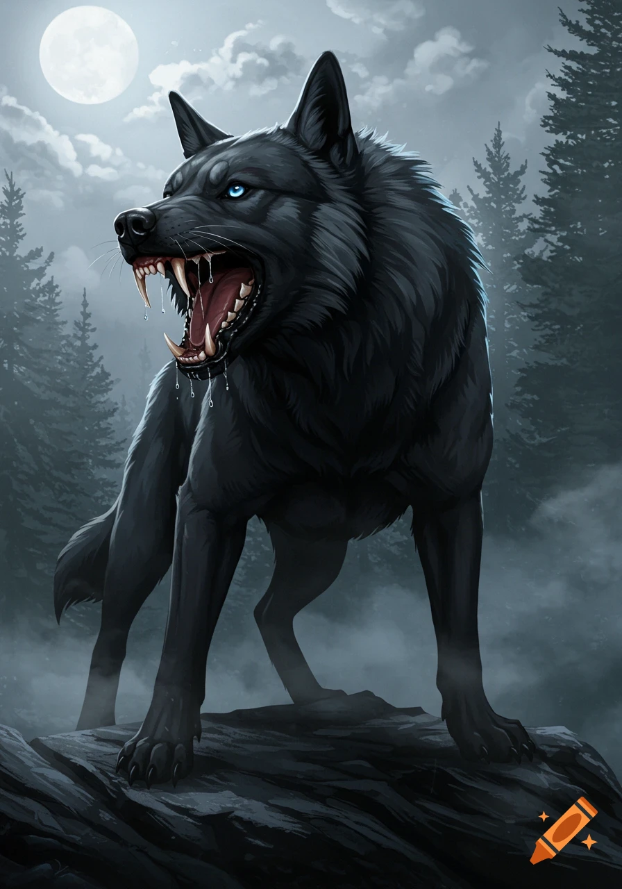 A black and white cartoon wolf with sharp teeth snarls fiercely in a ...