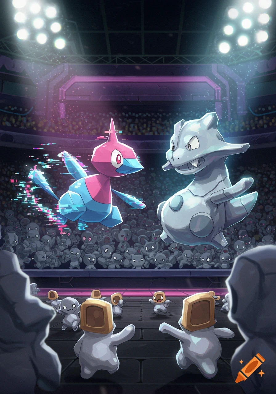 Porygon facing an Aggron-like creature in a stadium full of Meltan-like spectators under bright ...