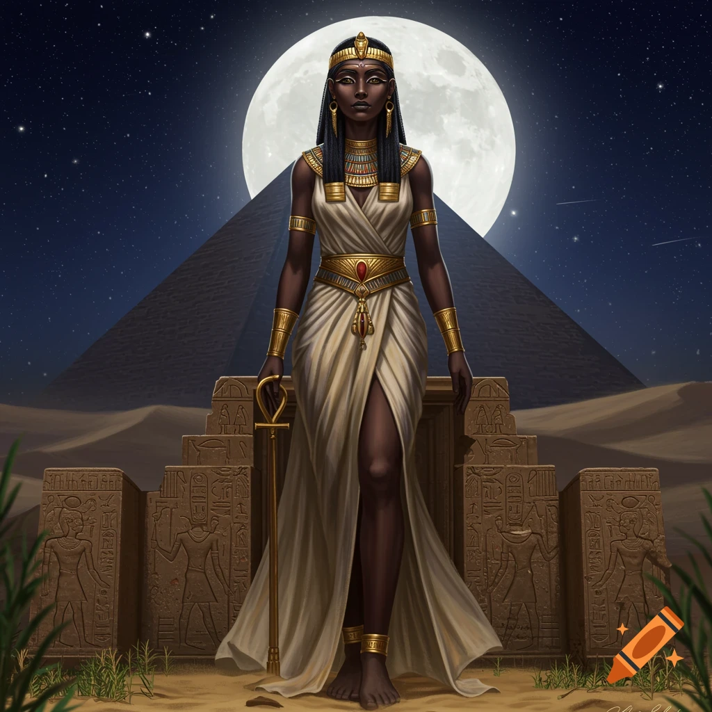 A young woman in a white dress walks through ancient sunlit ruins with pillars, hieroglyphs, and ...