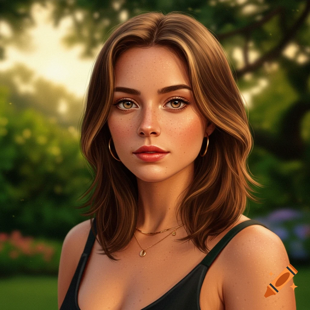 Close-up photorealistic portrait of a young woman with brown hair and ...