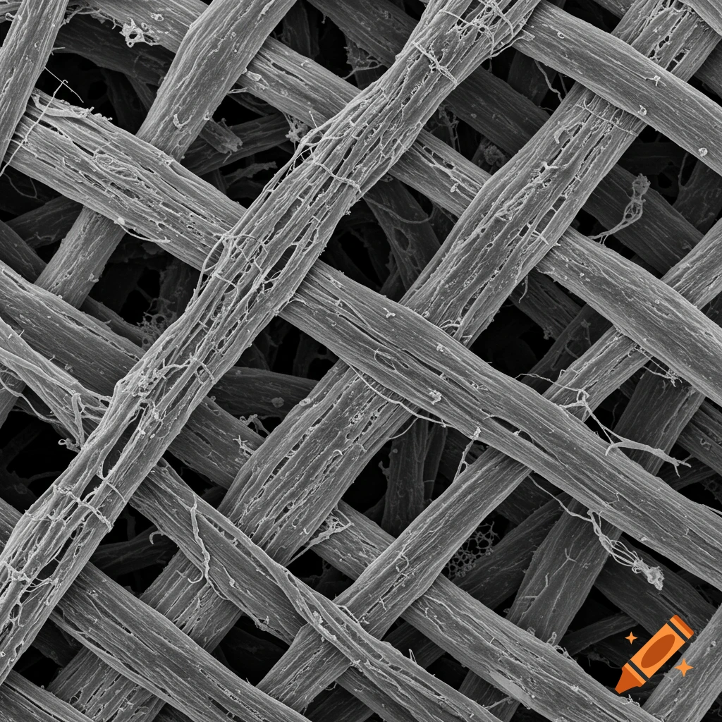 A grayscale scanning electron microscope image of interwoven aramid fibers forming a mesh. on ...