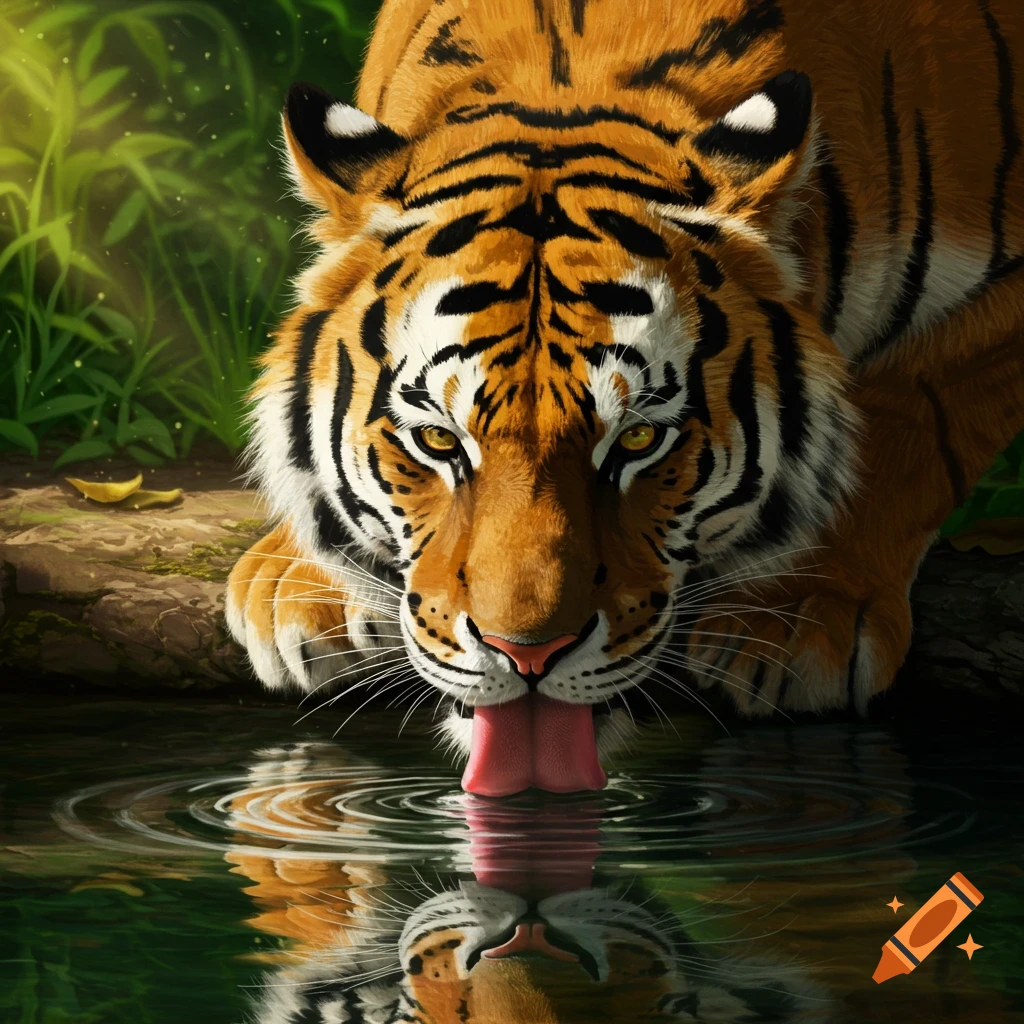 Extreme close-up of a photorealistic tiger drinking water from a pool ...