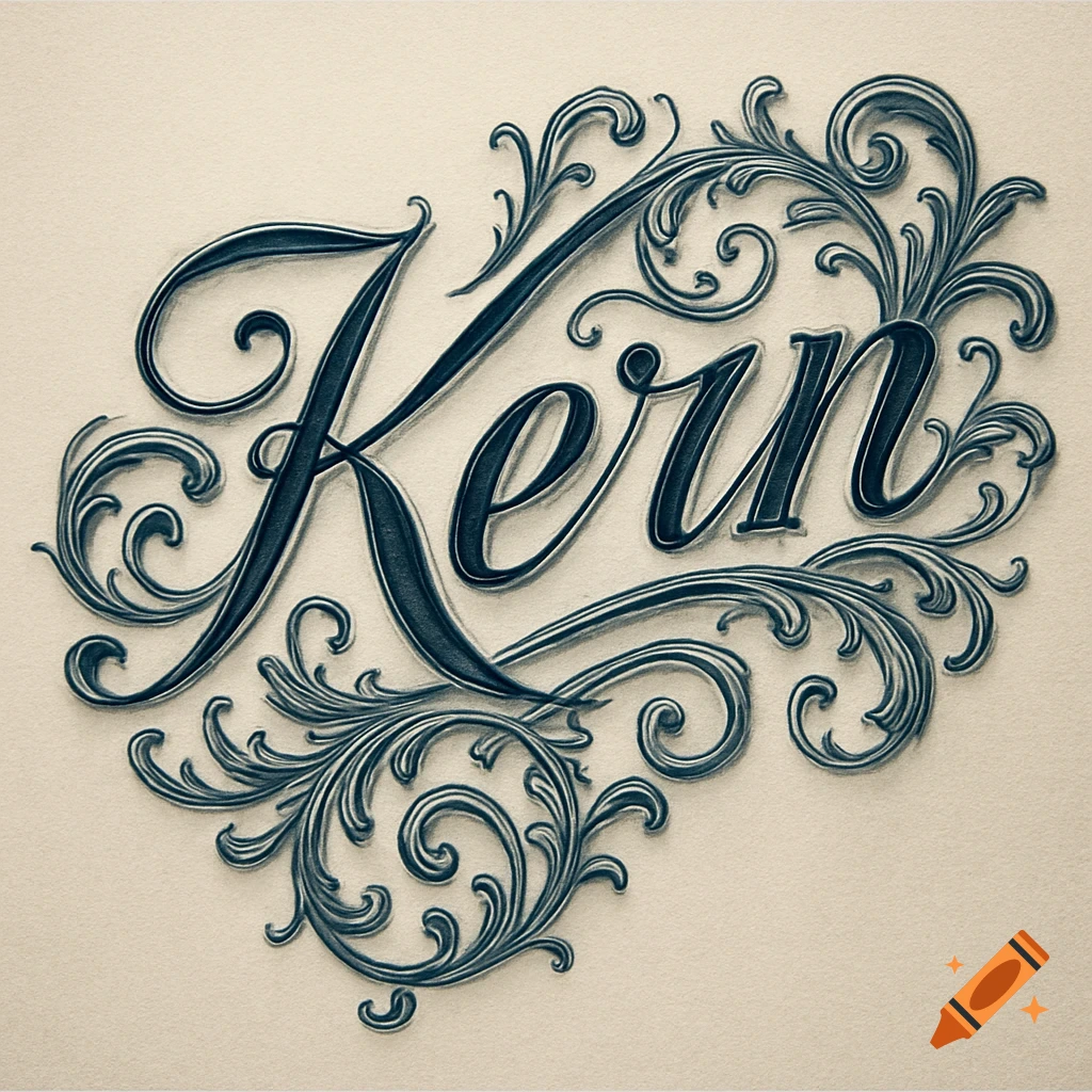 Ornate black filigree script spelling "Kinder f r Kinder" on a light ...