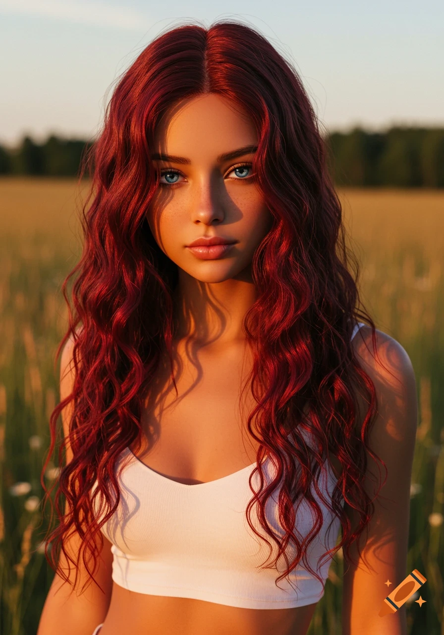 A photorealistic portrait of a young woman with long red wavy hair and blue eyes standing in a ...