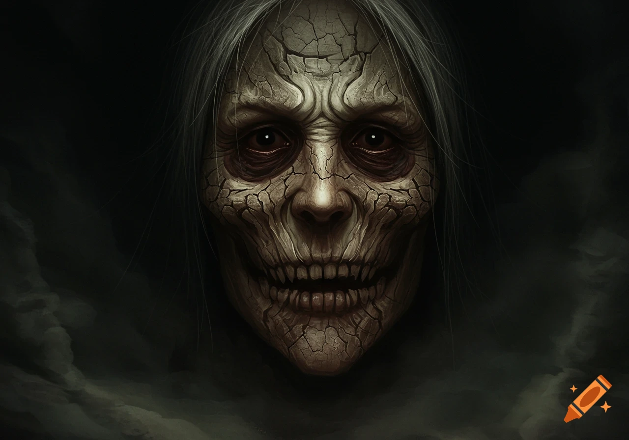 A dark, close-up portrait of a creepy, skeletal face with cracked skin ...