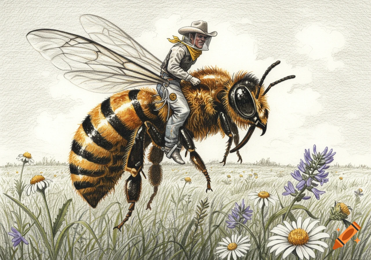 A cowboy with a bee-keeper's helmet rides a large, fuzzy honey bee over ...