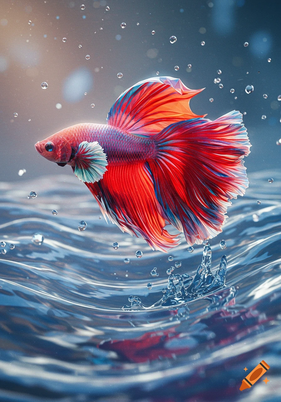 A vibrant red, white, and blue Siamese fighting fish with flowing fins ...