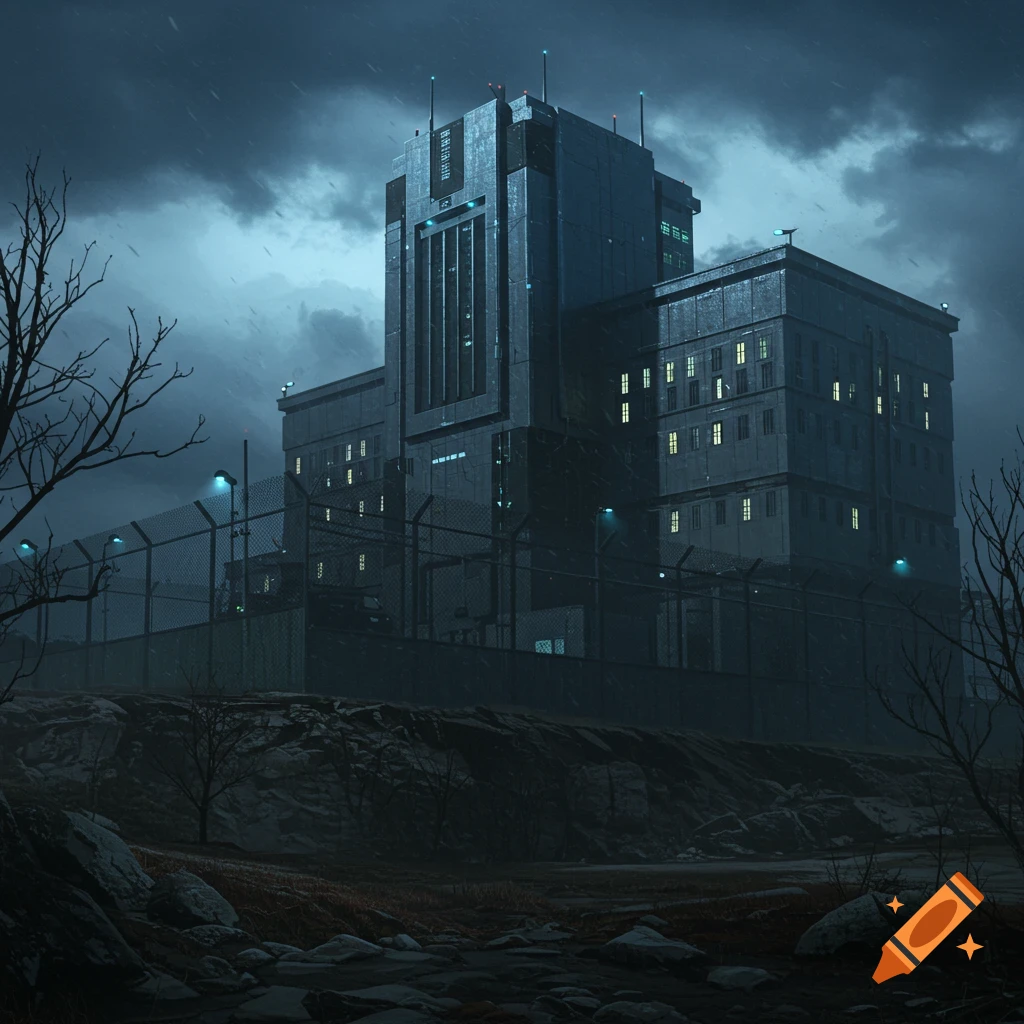 A post-apocalyptic shelter with shipping containers, a popup canopy, a ...