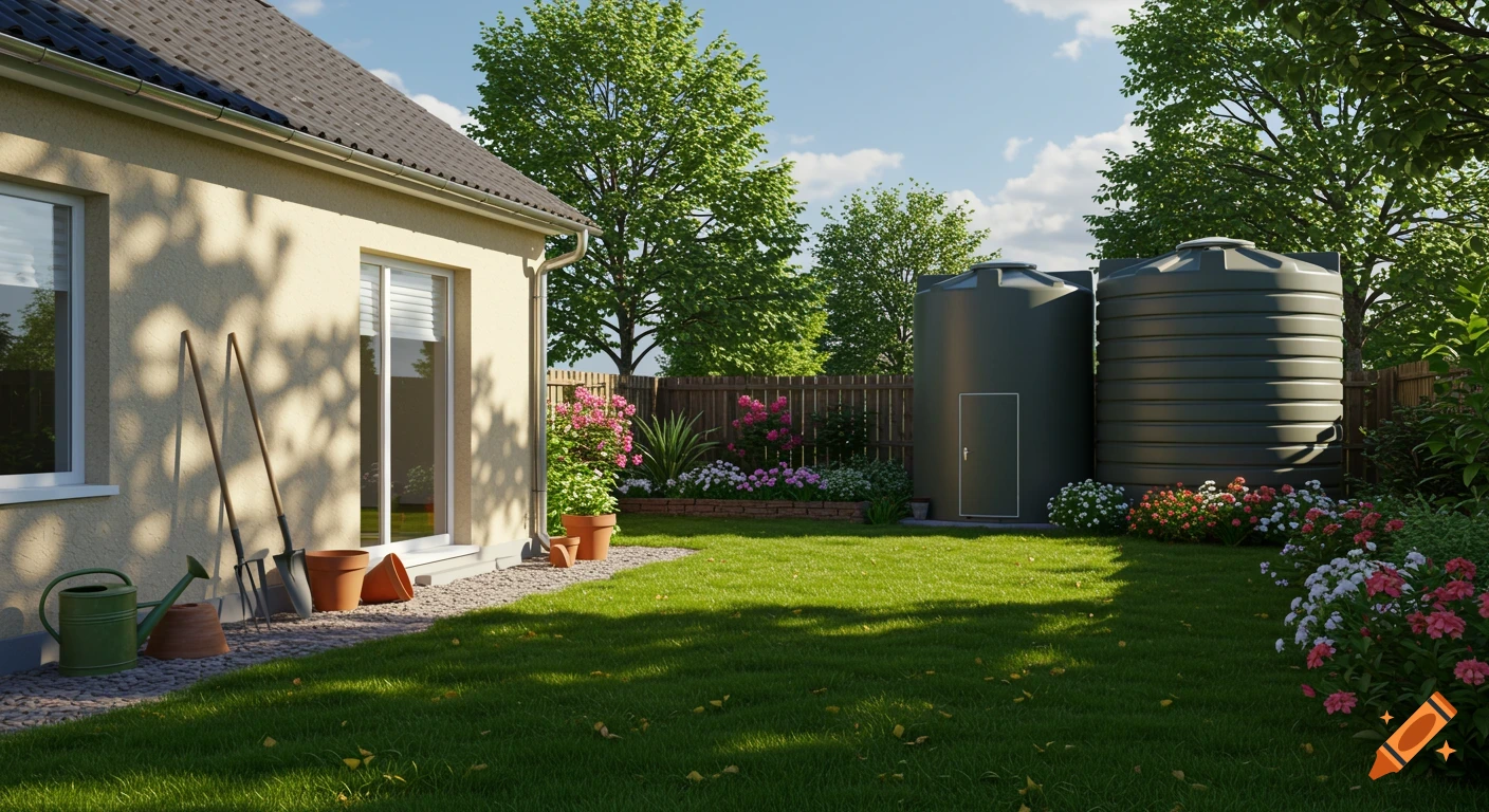 An aerial view of a rectangular garden with a wooden shed, a raised ...