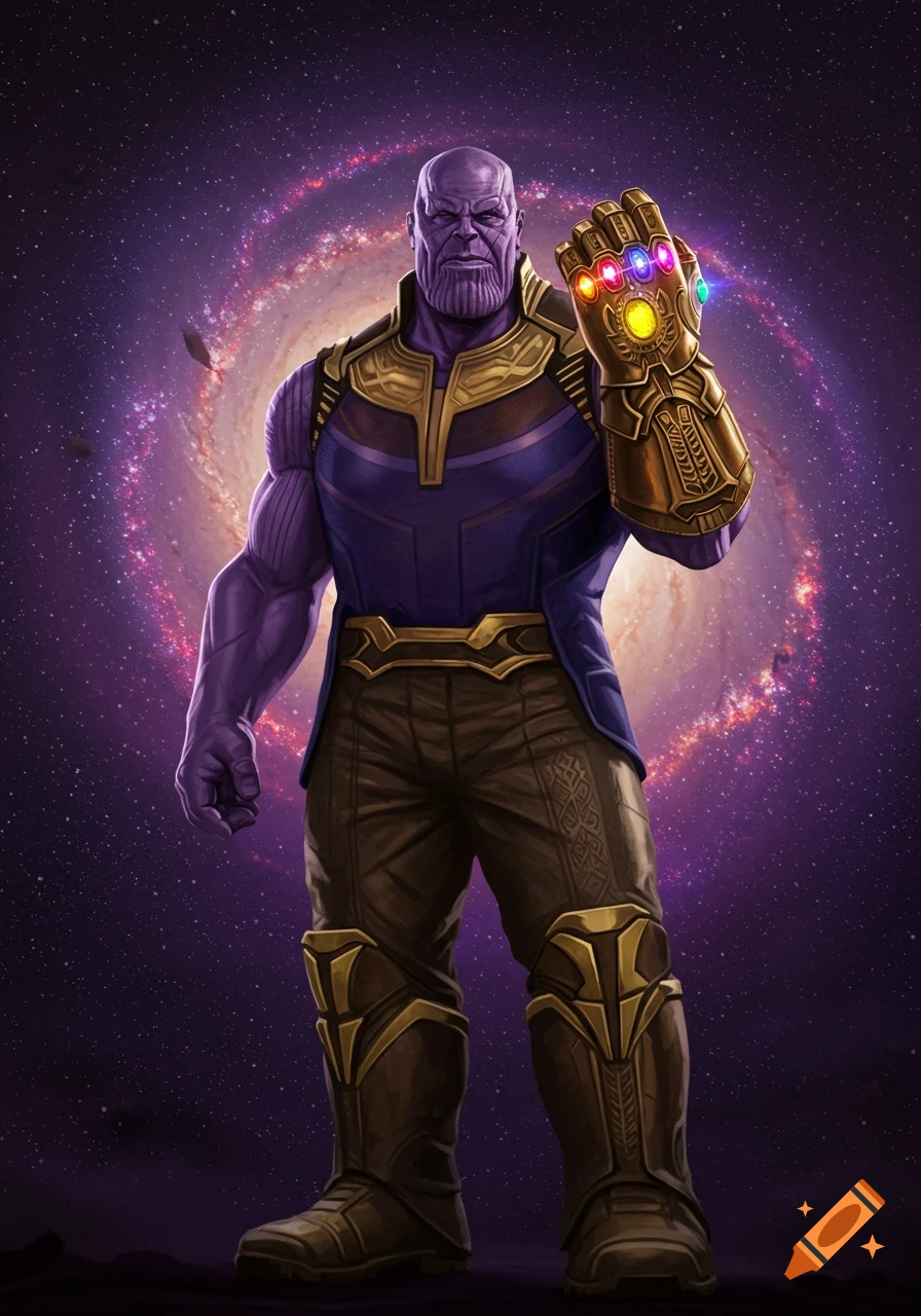 Thanos, a purple-skinned titan, wears the golden Infinity Gauntlet with ...