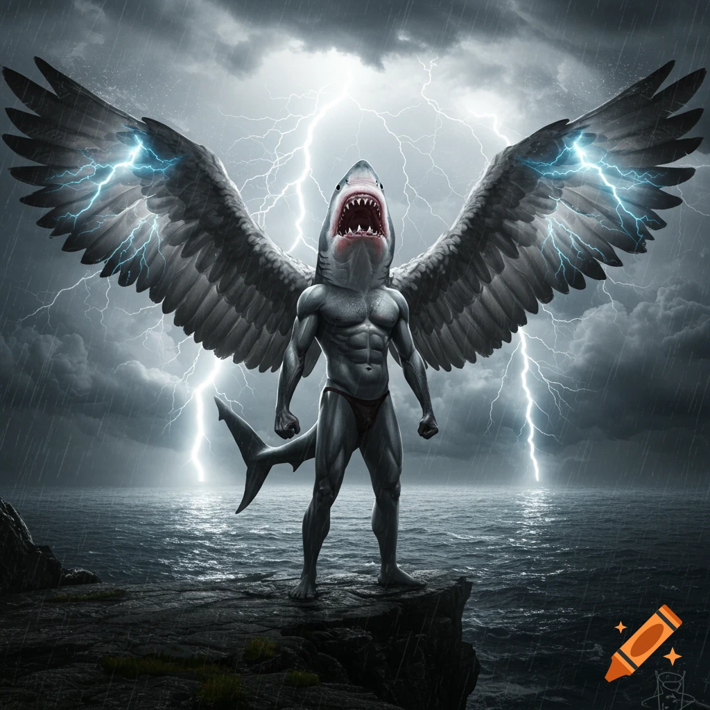 Photorealistic muscular hammerhead shark-man emerging from choppy ocean ...
