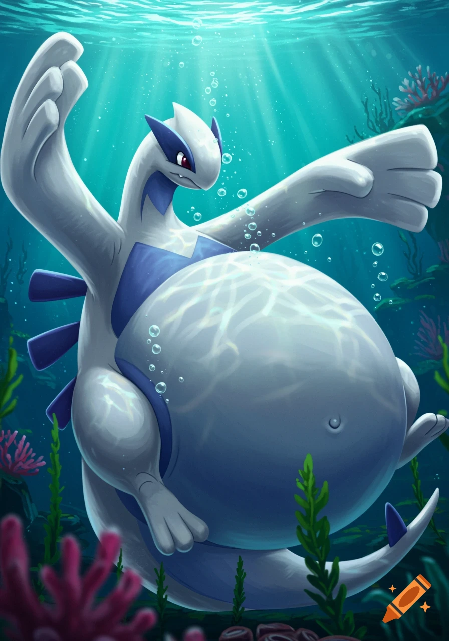 Digital illustration of a large-bellied Lugia Pokémon floating belly-up underwater with light ...