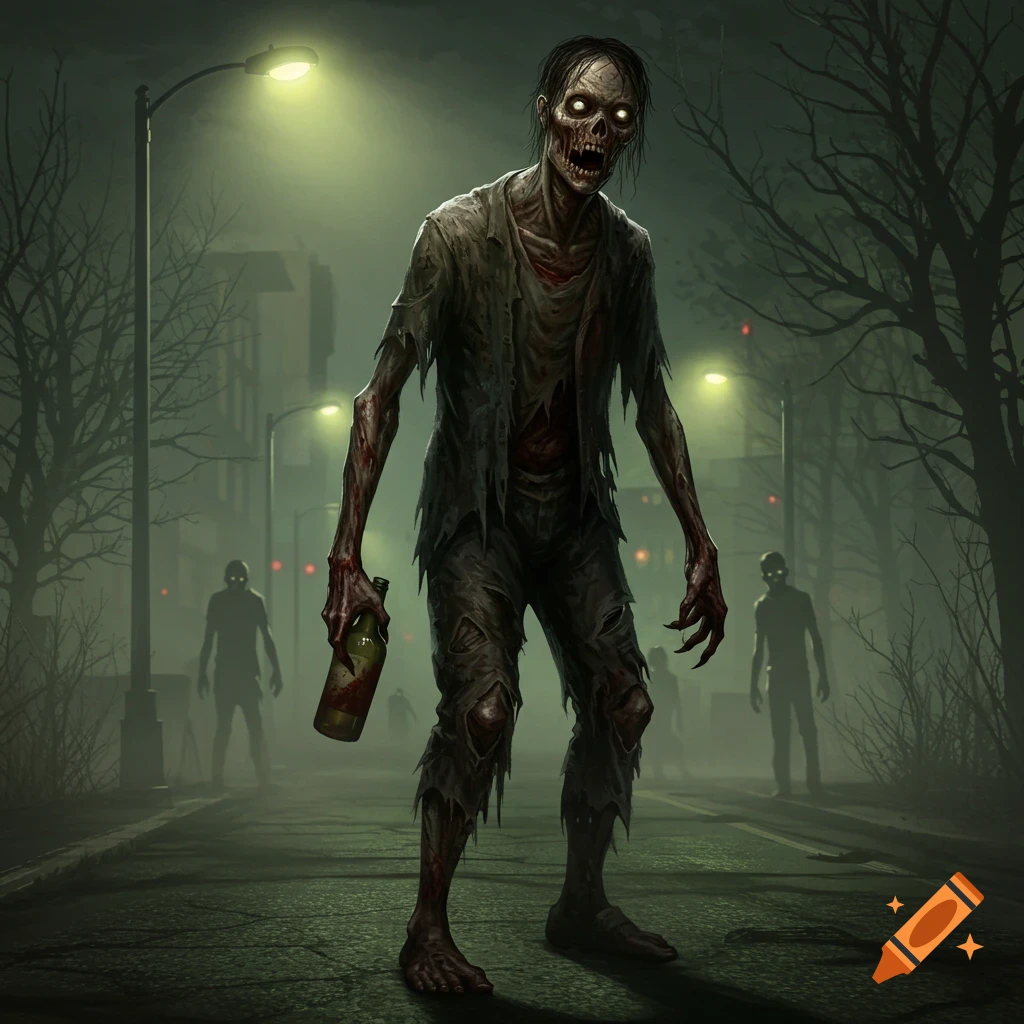 A terrifying zombie with glowing eyes and tattered clothes, standing on ...