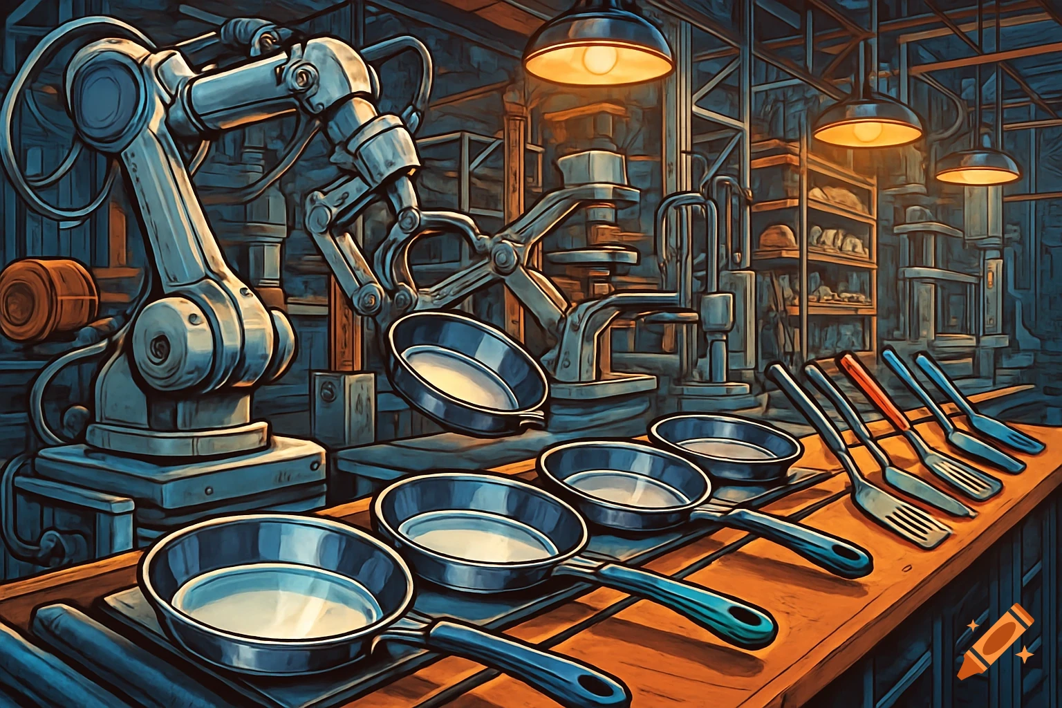 A detailed grey robot with glowing green eyes holds a frying pan and a ...