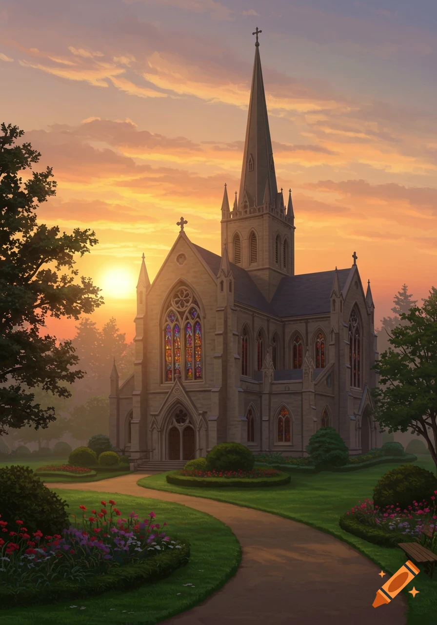 A gothic-style church with stained glass windows at sunrise, surrounded ...
