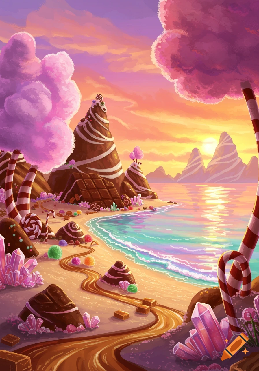 A vibrant, whimsical landscape made of chocolate mountains, cotton ...