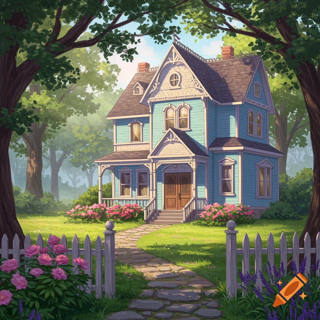 A beautiful two-story stone house with a lush garden, winding ...