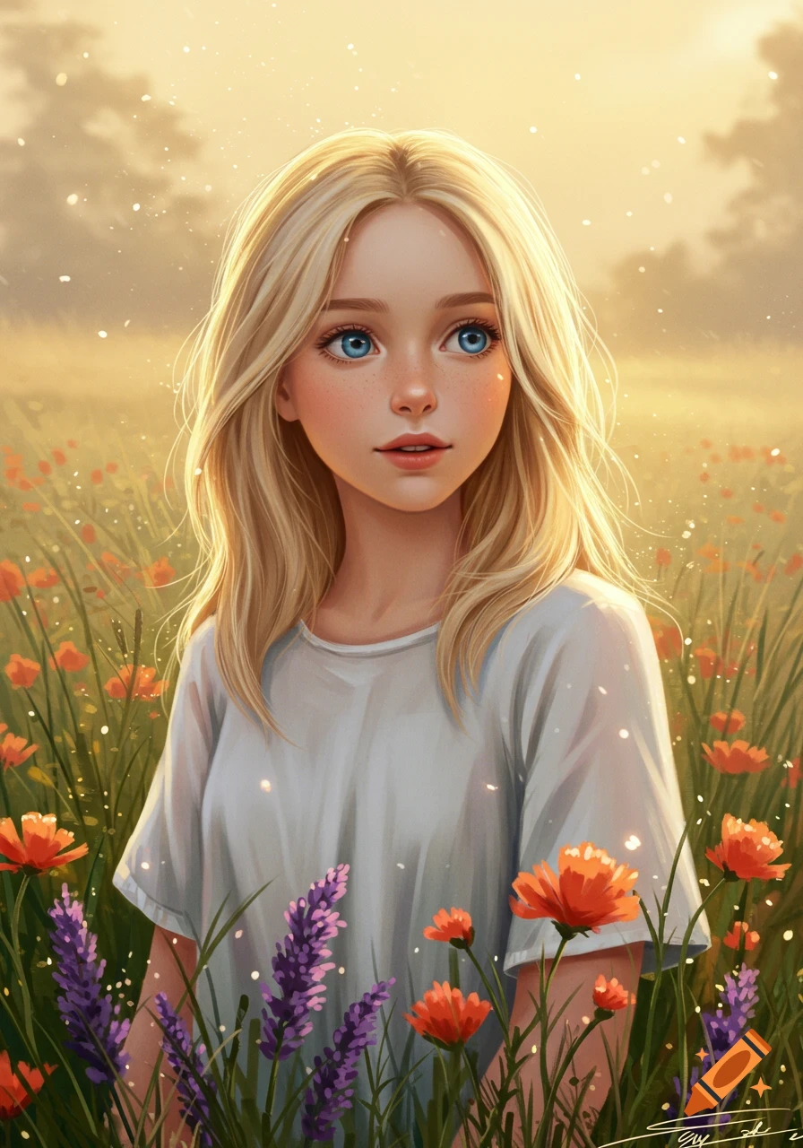 A blonde young girl with blue eyes, hands clasped, looks up serenely in a sunny meadow filled ...