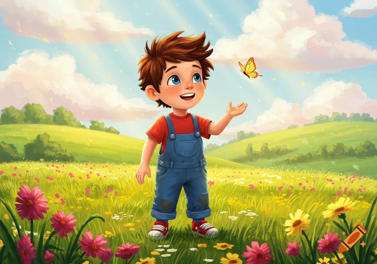 A Pixar style cartoon of a young boy giving a speech to a crowd of ...