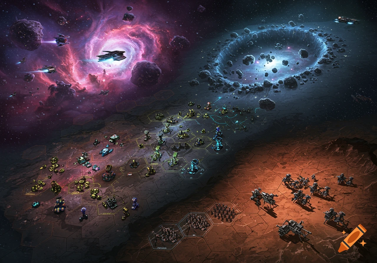 An isometric view of a post-apocalyptic battle in a burning forest ...