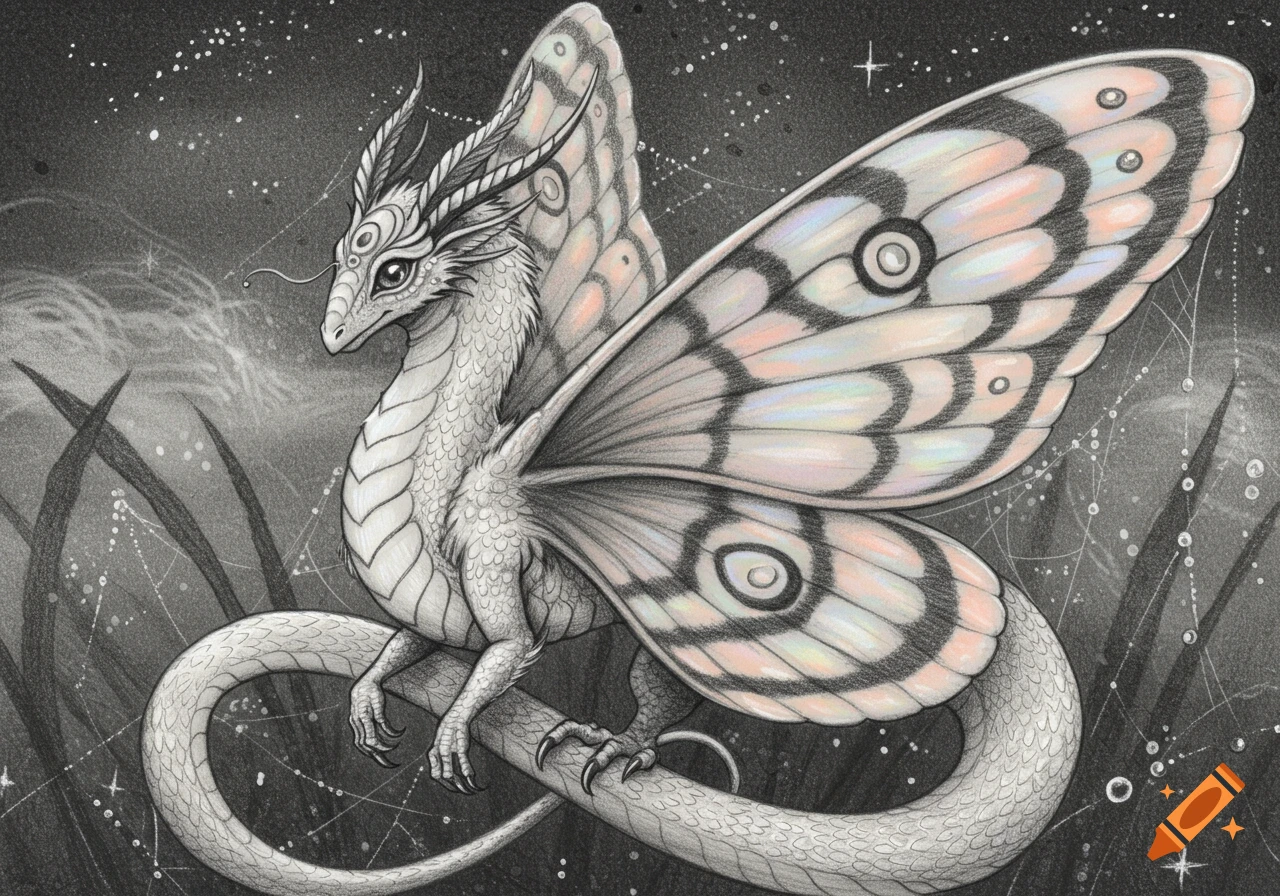 A detailed sketch of a moth dragon with large, patterned wings, sitting ...