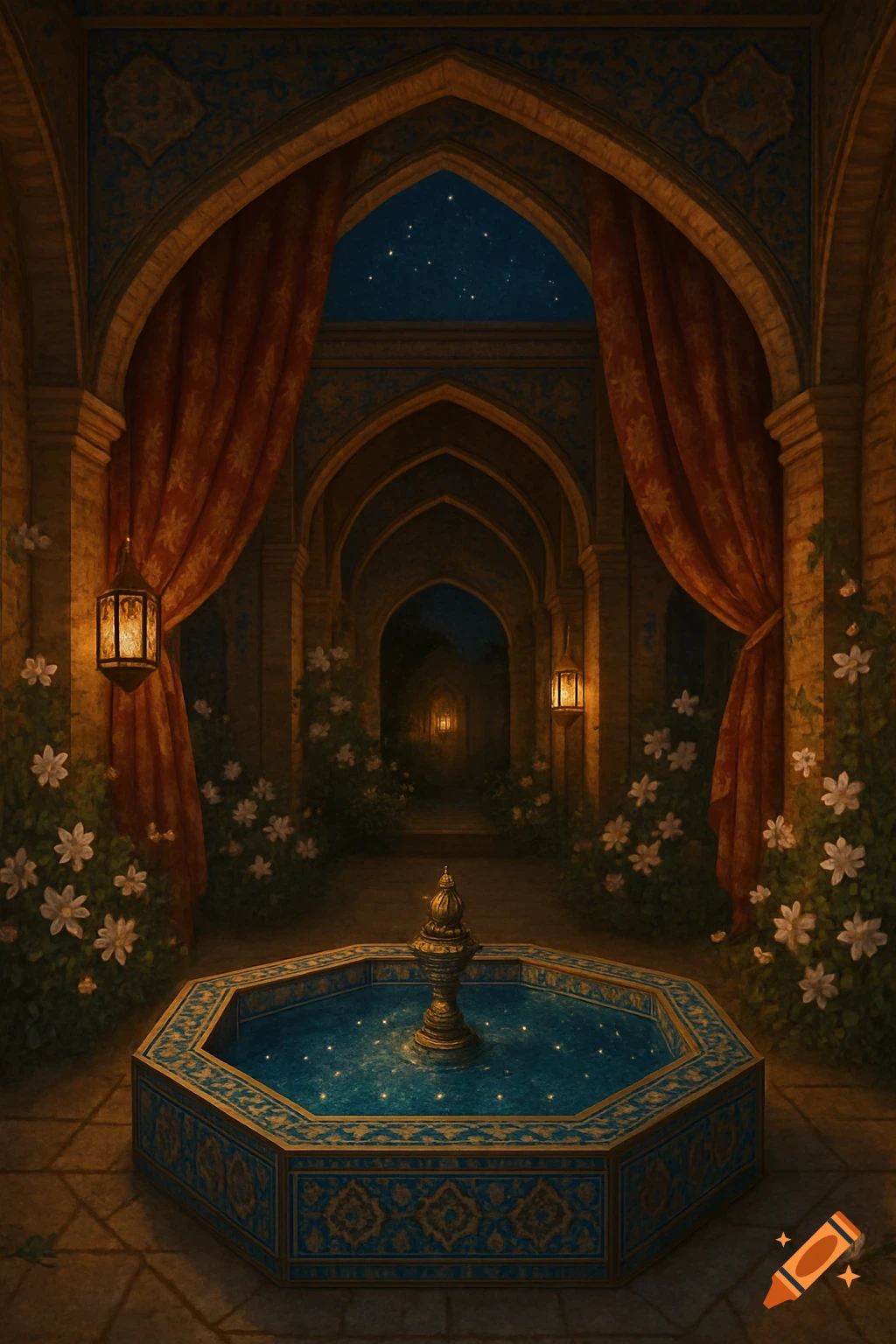 Ornate Islamic architectural interior with arches, columns, intricate ...