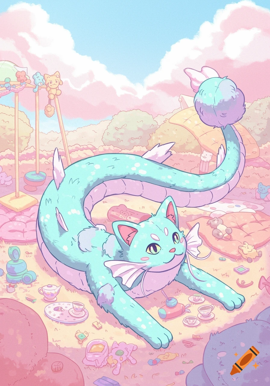 A pastel, glittery, pink and blue monster-like character with a jester ...