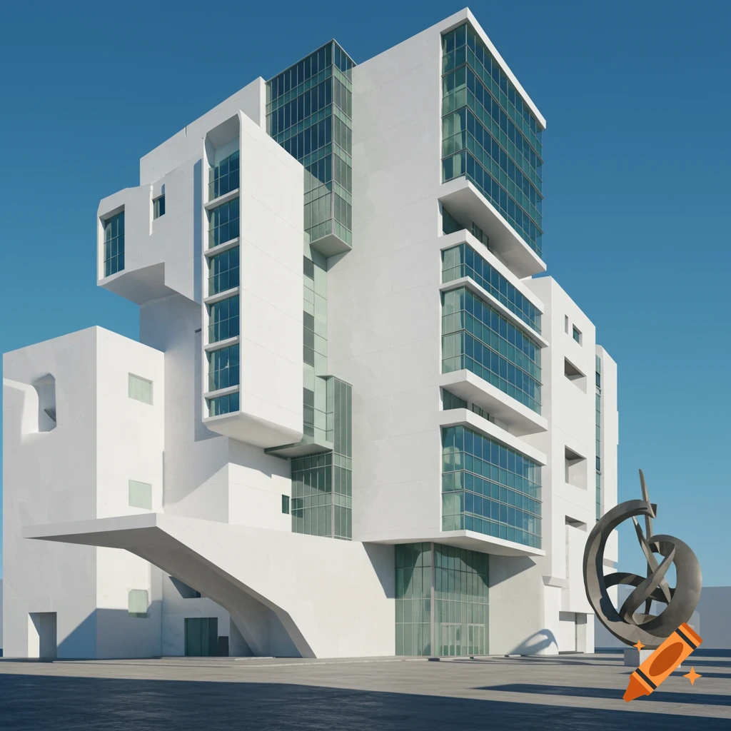 Modern architectural sketch of a curved building with green terraces, a ...