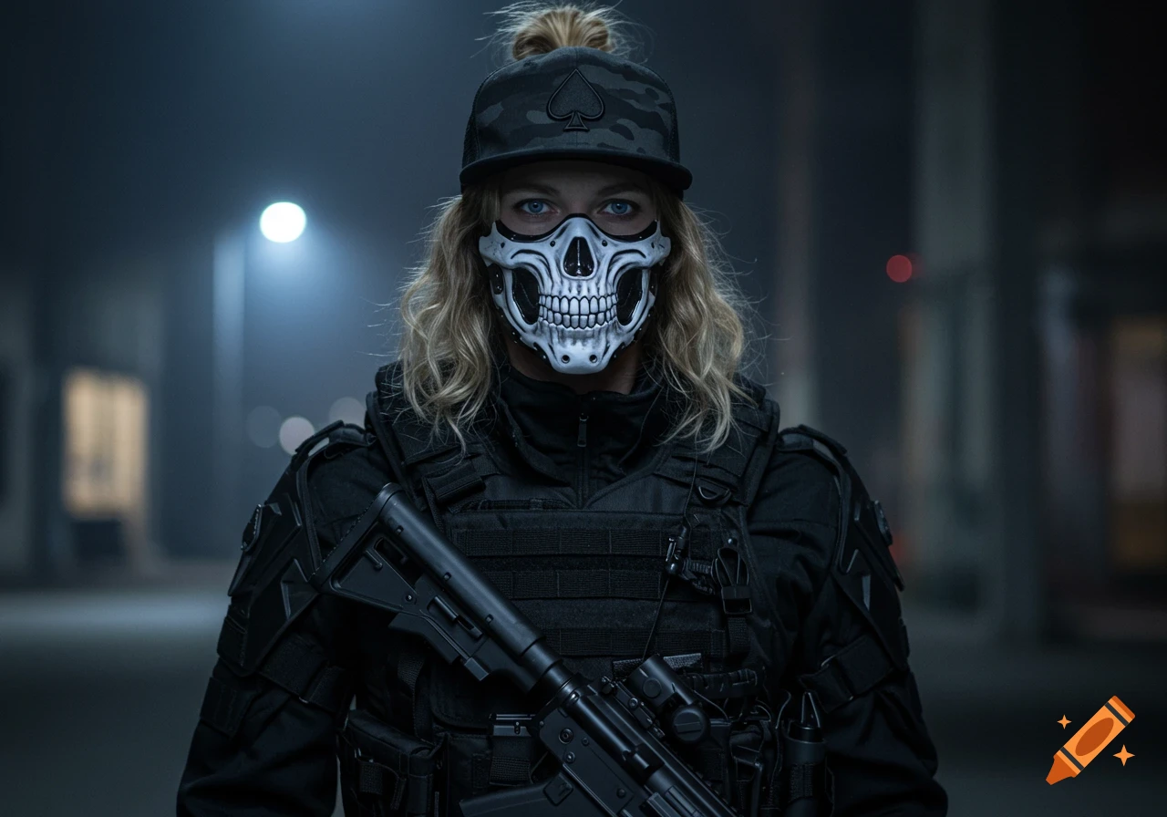 A person in black military gear, white skull mask, spade symbol ...