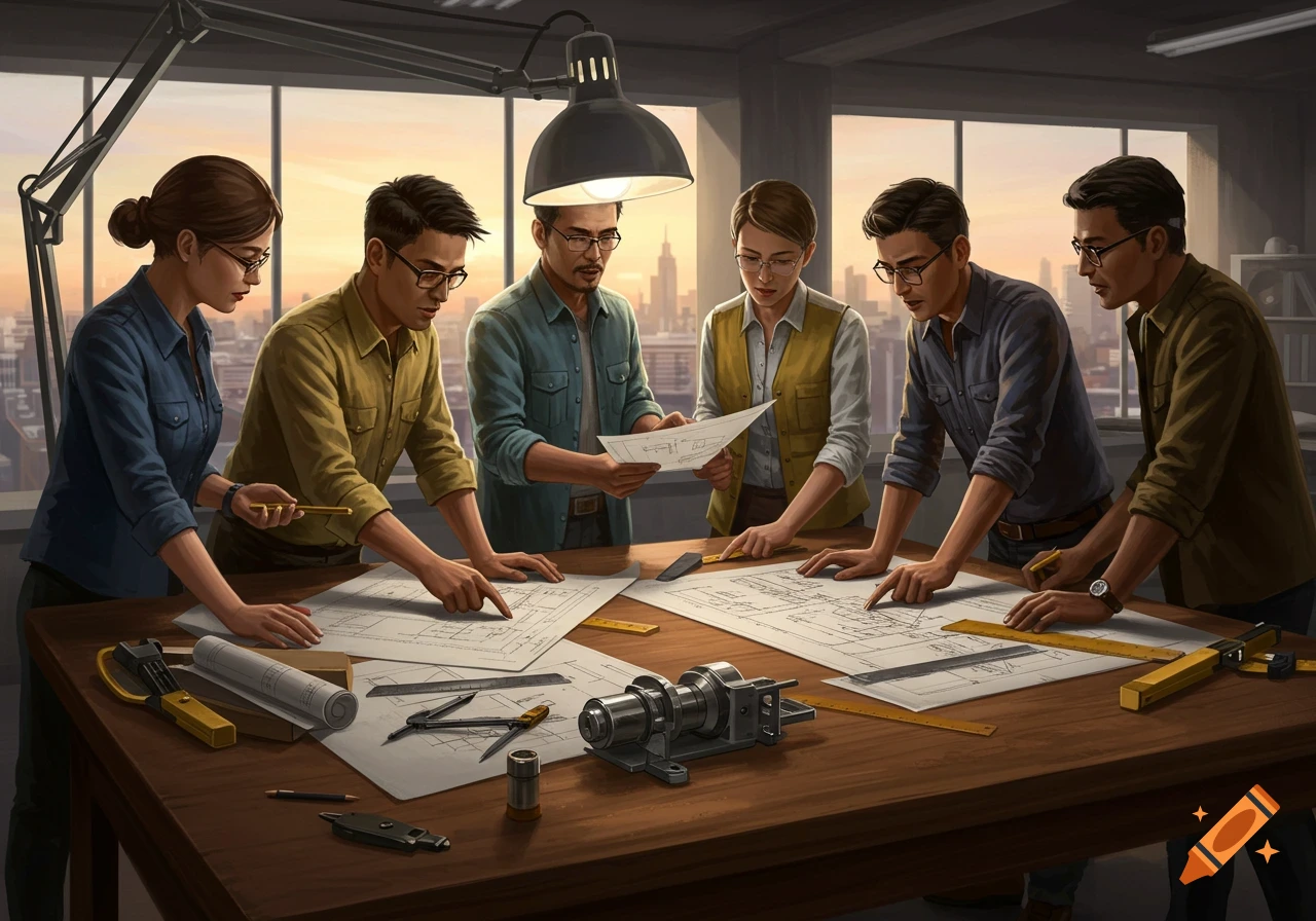 A group of engineers and architects are gathered around a large ...