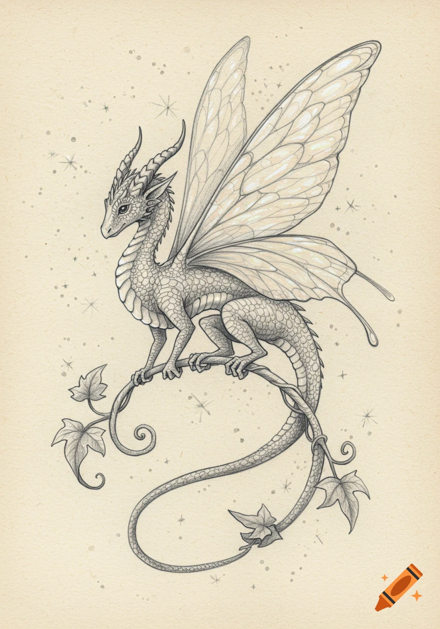 Pencil sketch of a fairy dragon with large wings perched on an ivy ...