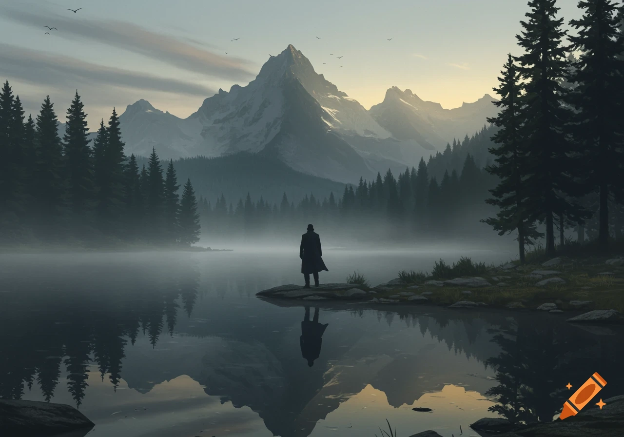 Silhouette of a person standing on a mountain peak admiring a vibrant ...