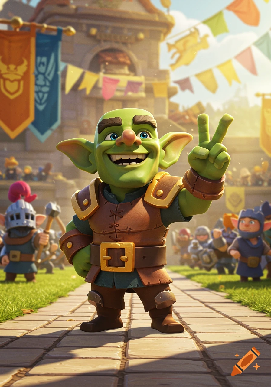 A green goblin on stilts, wearing a helmet and leather attire, happily ...