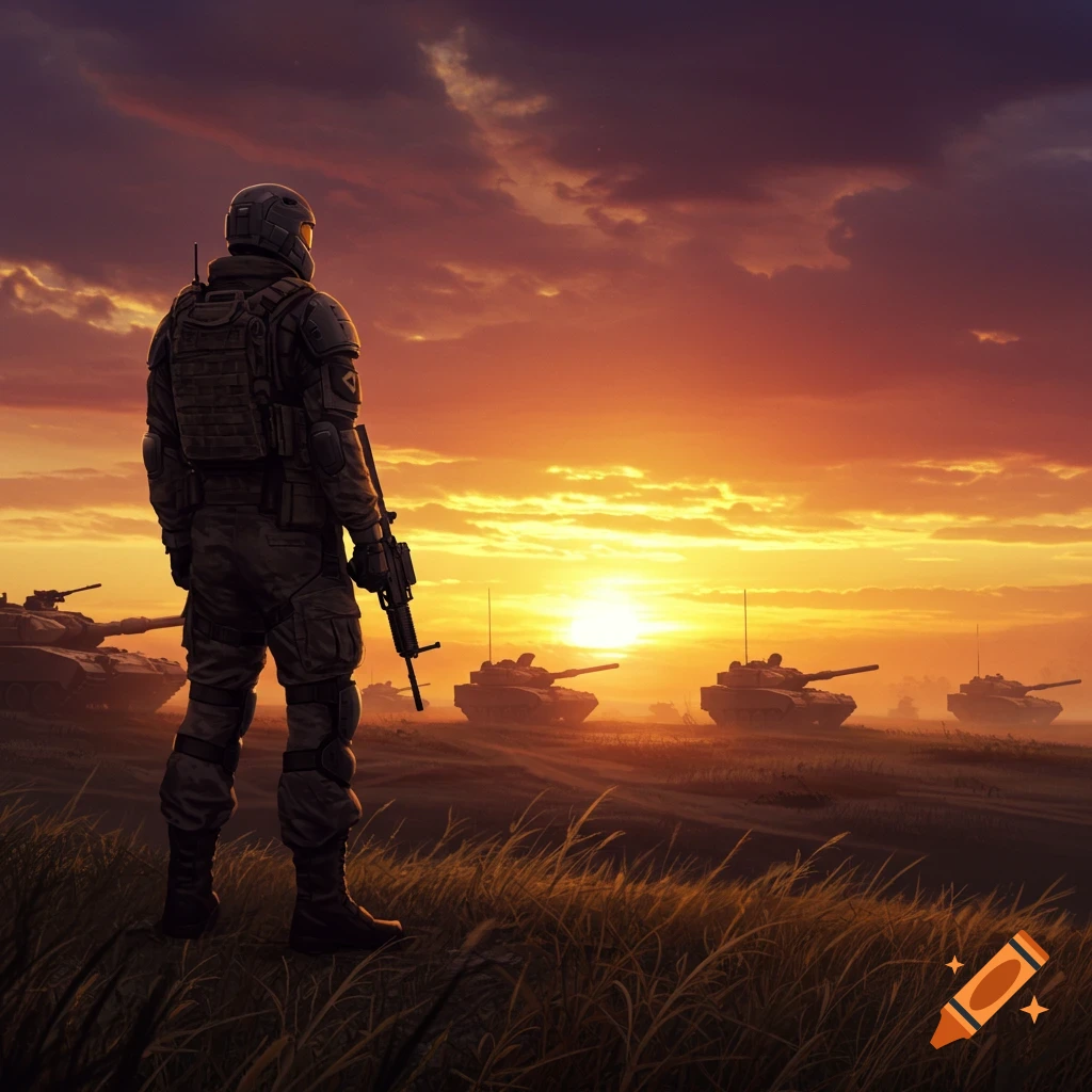 A silhouette of a female military soldier standing on desert dunes ...