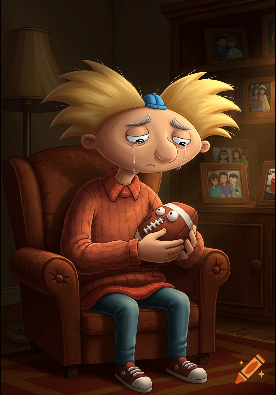 An older, sad Arnold from Hey Arnold! sits in a chair, crying and ...