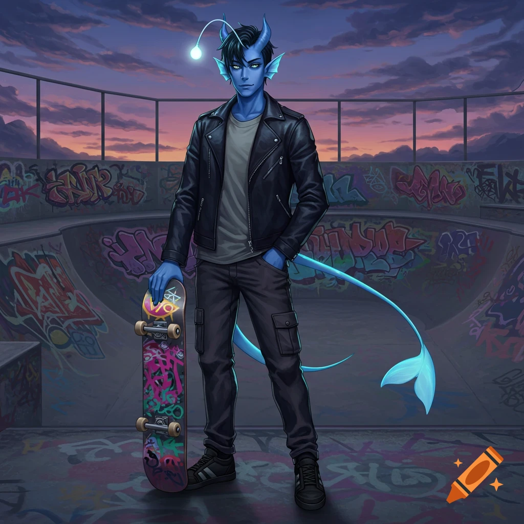 A blue-skinned anglerfish demon with a lure and tail in a leather ...