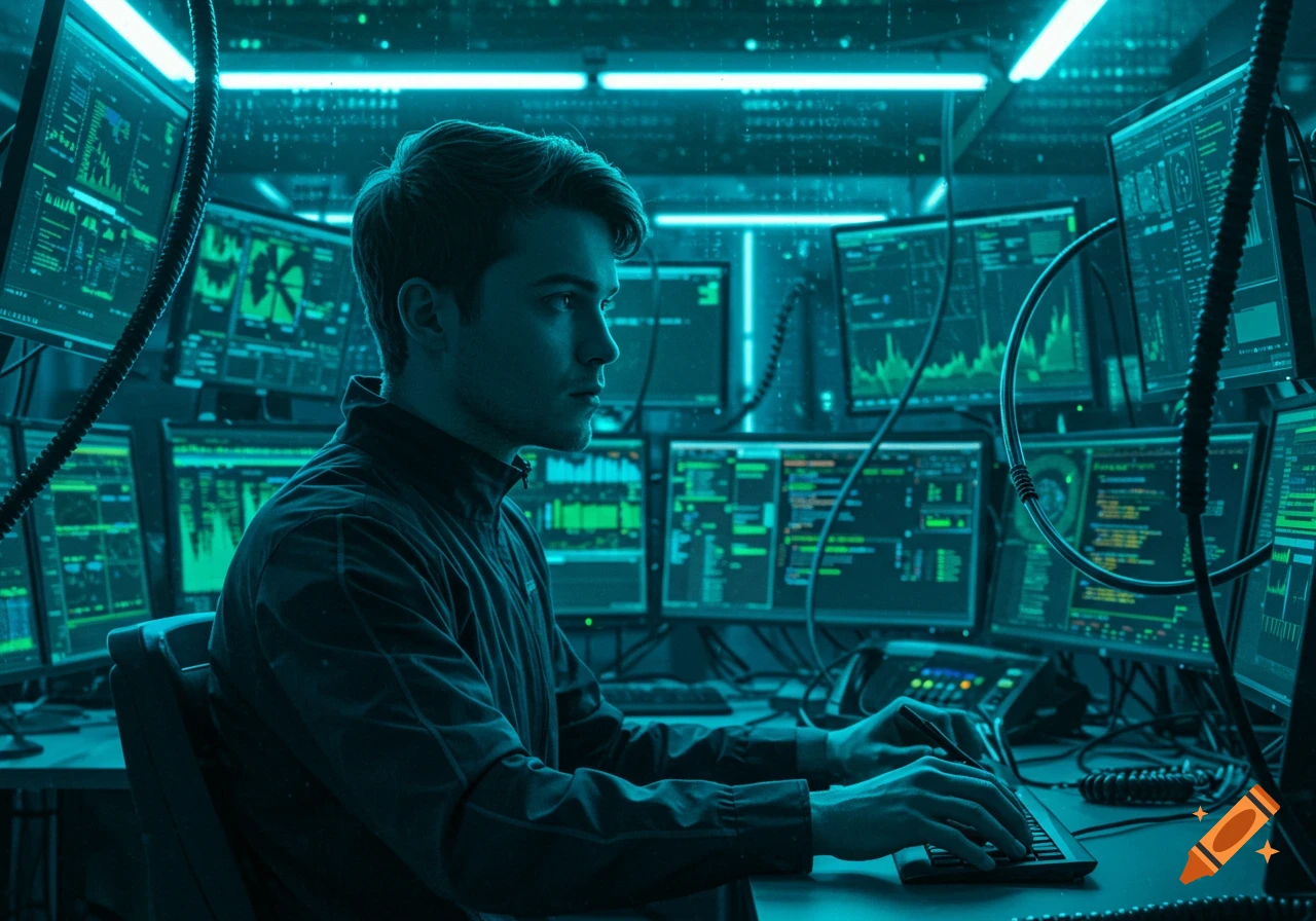 A hooded person sits at a desk in a dark room, typing on a keyboard ...