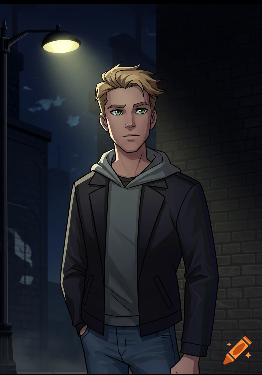 A cool-toned cartoon character with light hair, sharp eyes with black ...