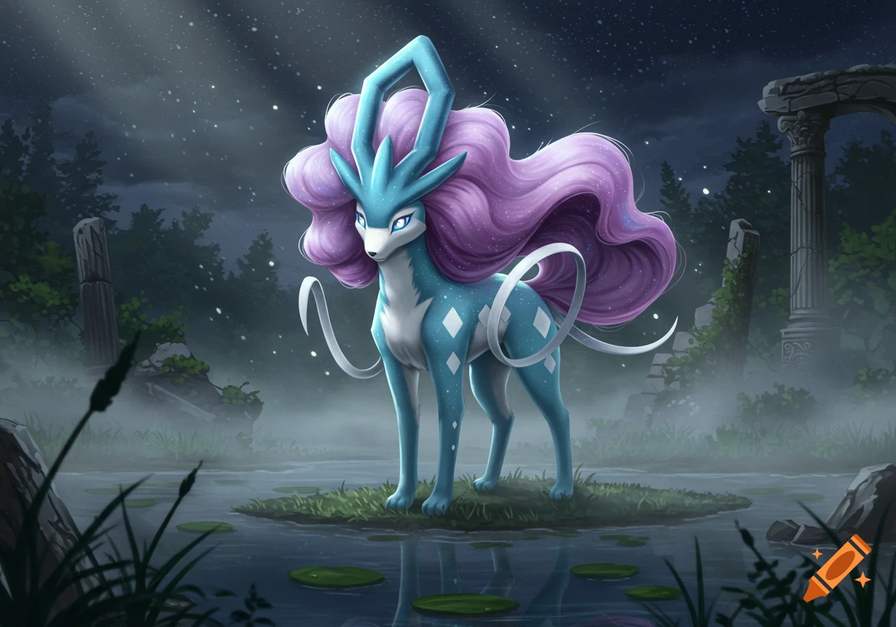 A blue and purple Suicune-like creature stands on a small island in a ...