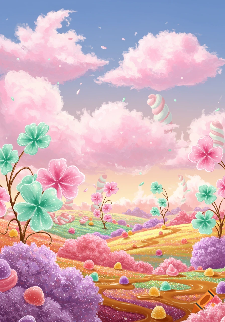 A vibrant, colorful illustration of a whimsical candy land with a chocolate river, candy trees ...