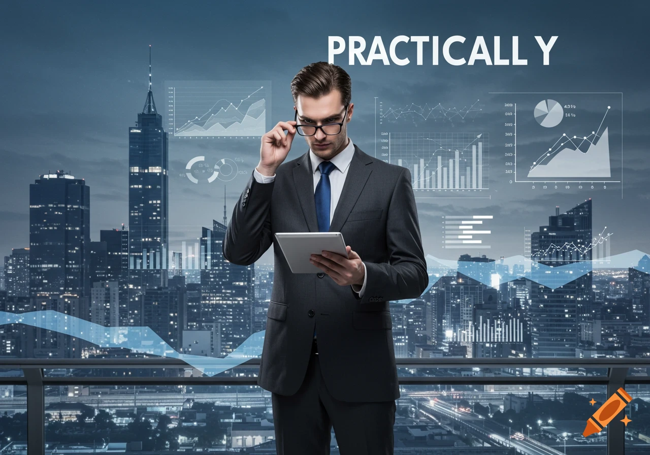 A businessman in a suit holds a tablet on a high-rise balcony ...