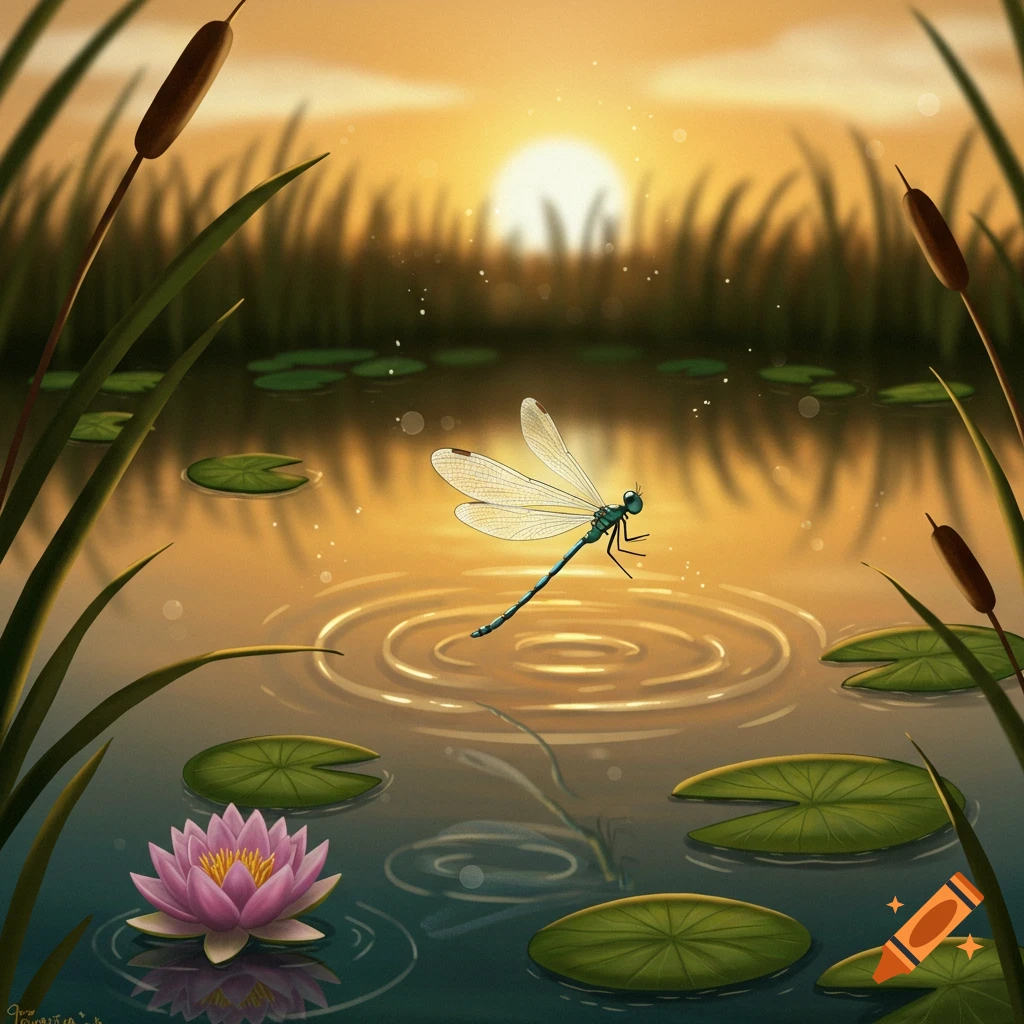 An illustrated scene of a dragonfly hovering over a tranquil pond with water lilies and cattails ...