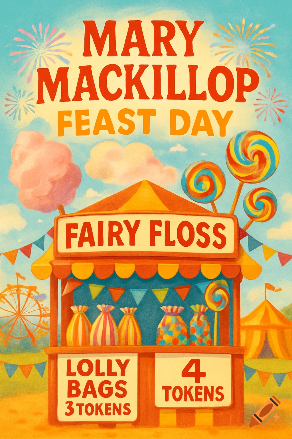A bright, colorful poster for the "Mary MacKillop Feast Day" showing a ...