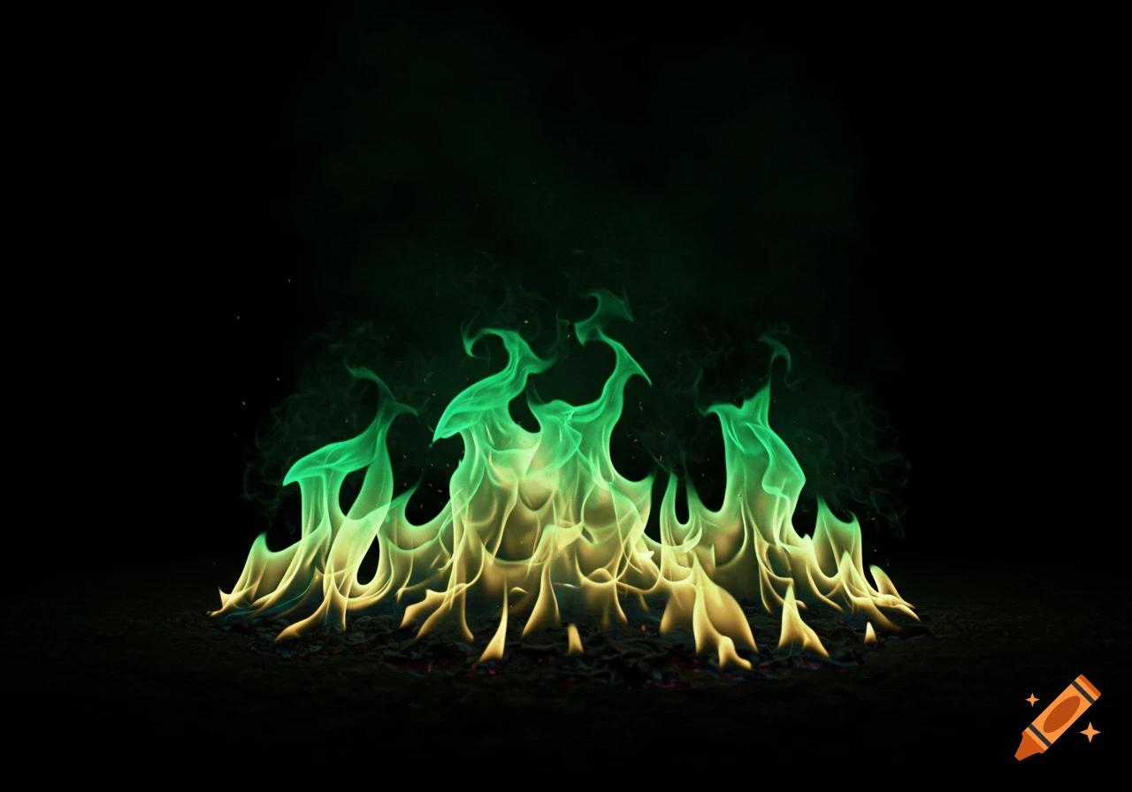 A tall column of vibrant green flame and smoke swirls elegantly upward ...