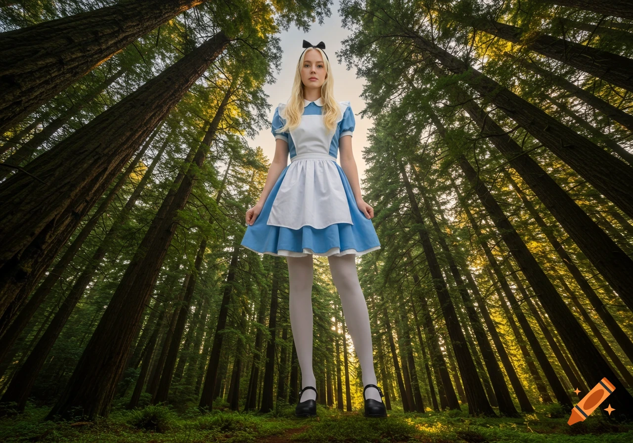 A gigantic Alice in Wonderland stands over a tall redwood forest ...