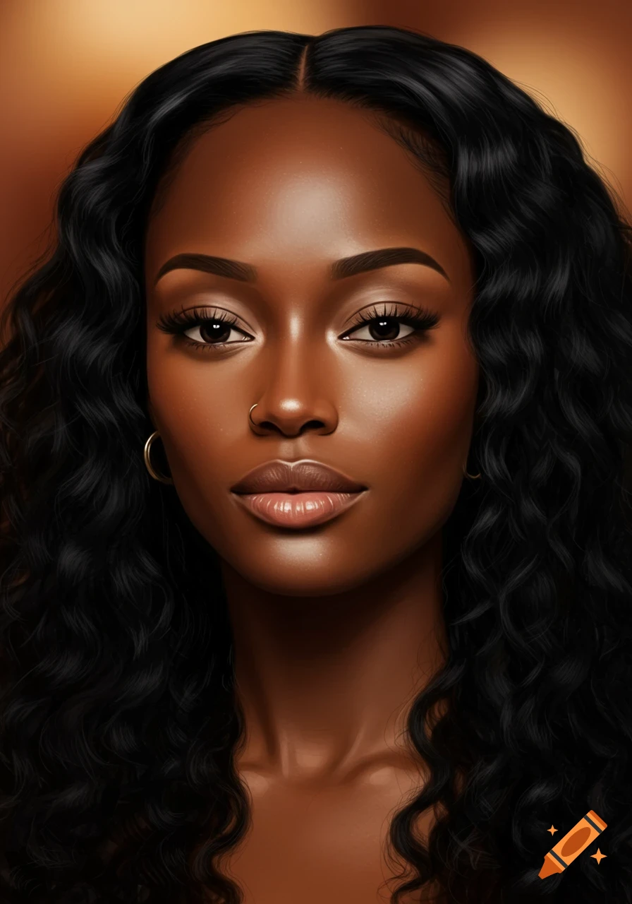 Photorealistic portrait of a woman with dark skin, long wavy black hair, and soft glam makeup ...