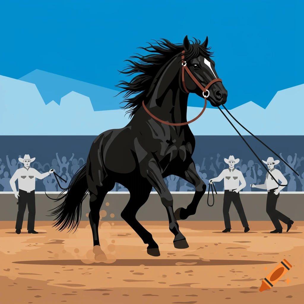A black horse with flowing mane is led by three cowboys in a dirt arena ...