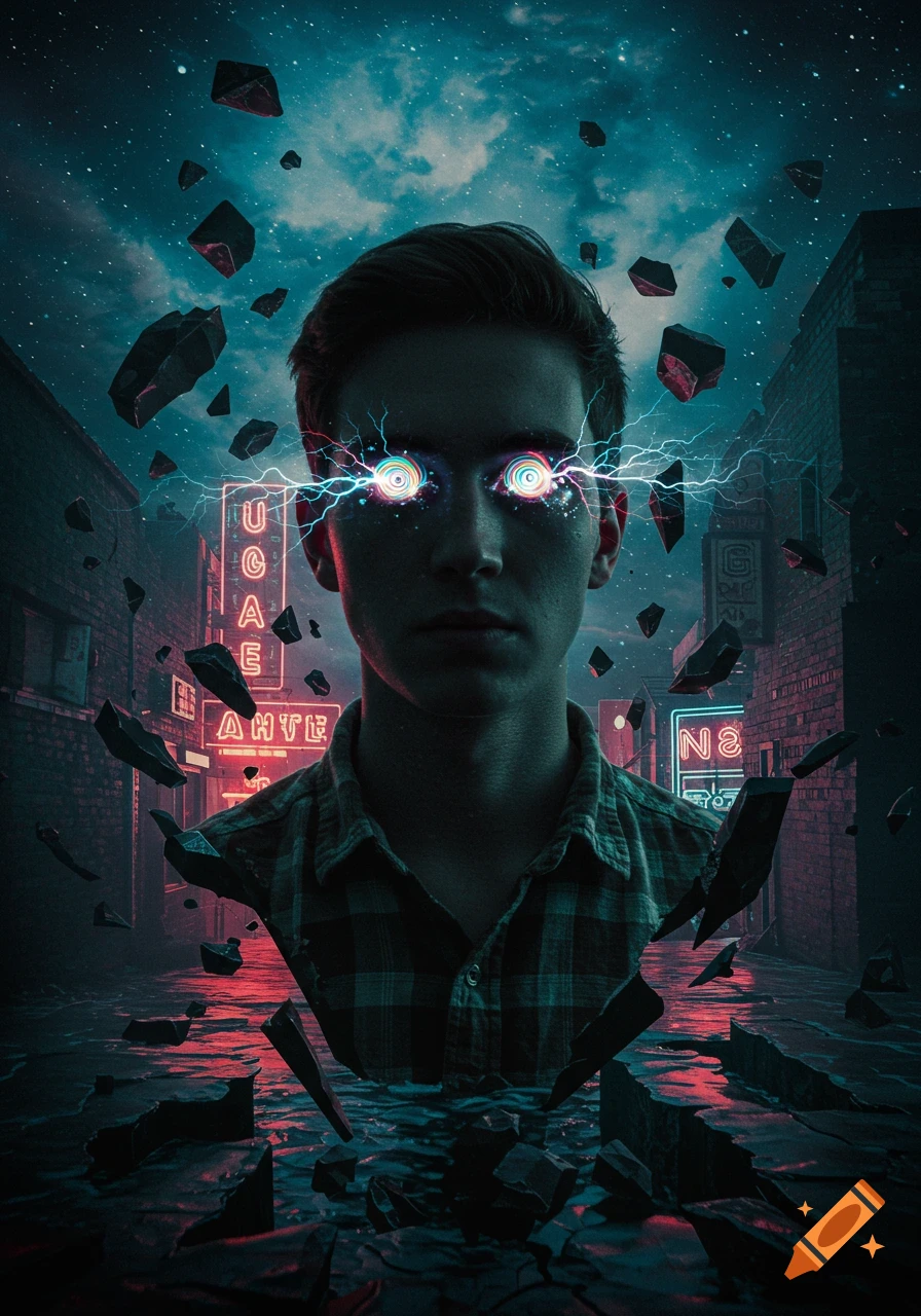 A dark, surreal portrait of a young man with glowing, swirling eyes and ...